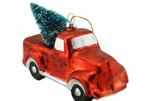 Елочная игрушка стекло машина красная с елкой