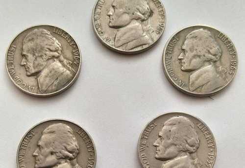 Монеты 5 центов 1962, 1964,1966, 1955