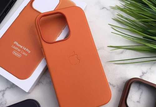 Чехол на iPhone 14 Pro кожаный MagSafe Оранжевый