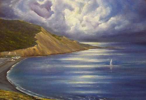 Картина маслом на холсте море "Вид с горы сукко"