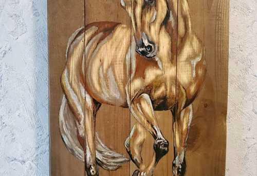 Картина "Лошадь" на старом деревянном щите