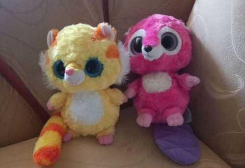 Мягкие игрушки розовый бобр и жёлтый лемур