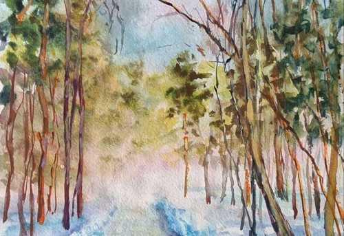 Картина акварелью. Зимняя дорога в лесу