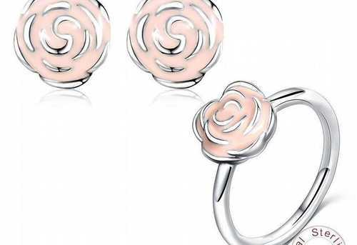 Кольцо 16р, серьги-пуссет pandora rose cеребро 925