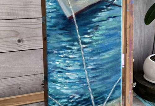 Картина с лодкой на воде 20х40