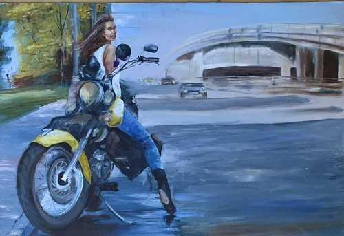 Картина маслом девушка на мотоцикле