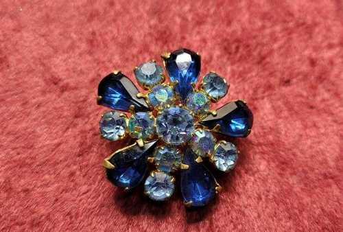 Бижутерия Чехия Брошь Синие голубые камни 35 мм