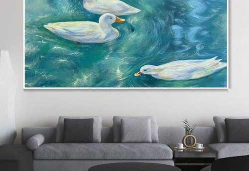 Картина маслом пейзаж белые лебеди Премиум холст