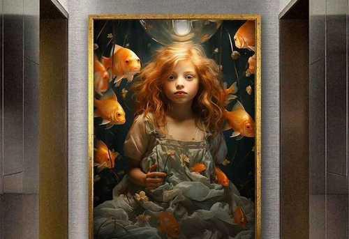 Большая картина маслом девочка с рыбками Примерка
