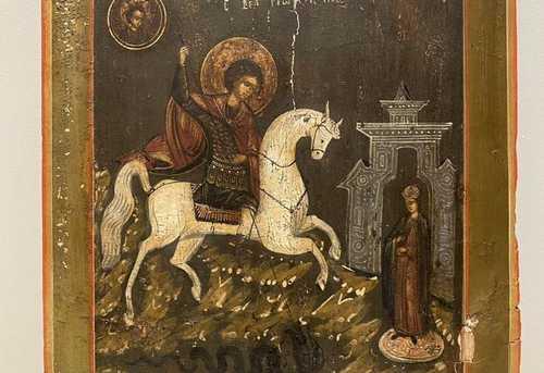 Старинная антикварная икона Чудо Георгия о змие