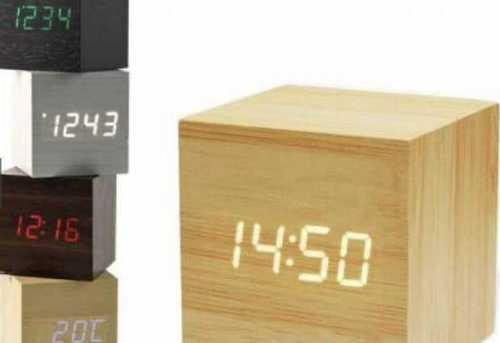Деревянные электронные часы-будильник кубик