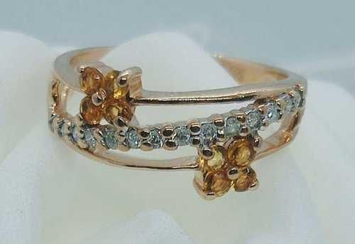Золотое кольцо с бриллиантом и цитрином 17 размер