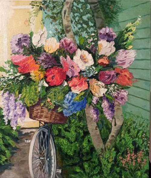 Картина маслом «Велосипед с корзиной цветов»