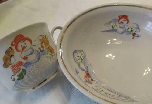 Детская тарелка и чашка СССР зима снеговик