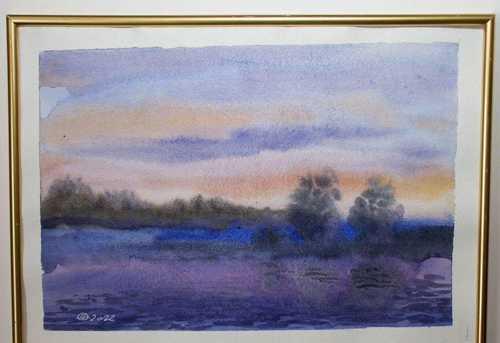 Картина акварелью «Тихий закат над озером»