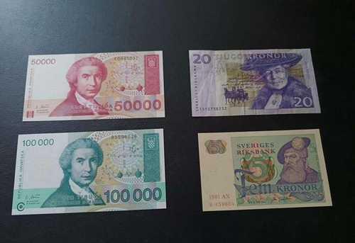 Банкноты Швеции, Хорватии, 4 шт, UNC + F