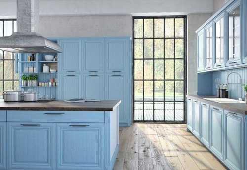Кухонный гарнитур новый бело голубой в интерьере