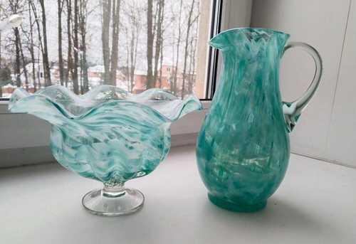 Кувшин и ваза для фруктов зелёное цветное стекло
