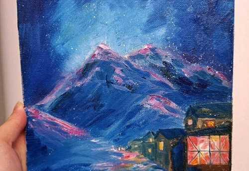 Необычная яркая картина маслом ночь горы