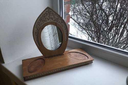 Зеркало деревянное с подставкой винтаж