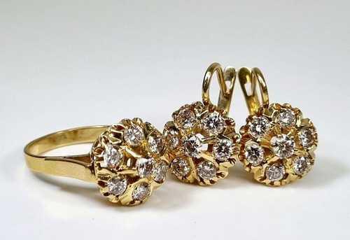 Золотые серьги и кольцо с бриллиантами 750 пробы