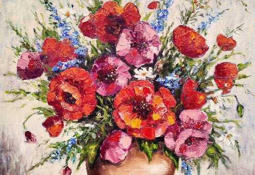 Картина Маки и полевые цветы. Холст, масло 40х40