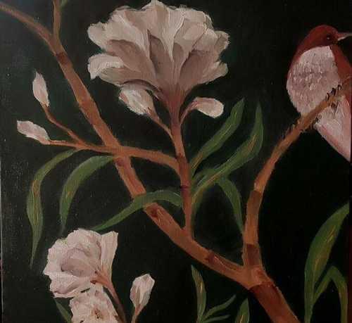Картина маслом Цветы и птица "Белая магнолия"