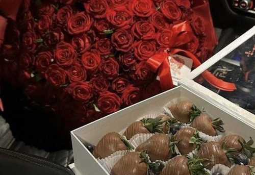 Букет 101 роза + клубника в шоколаде