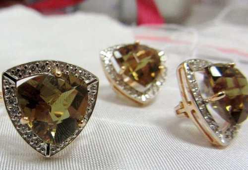Серьги и кольцо из золота с Султанитами со скидкой