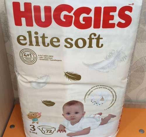 Подгузники huggies elite soft 3, 72 шт