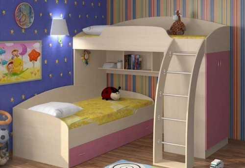 Кровать чердак для двух девочек со шкафом