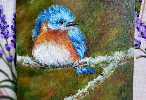 Картина маслом миниатюра "Птичка на ветке зимой"