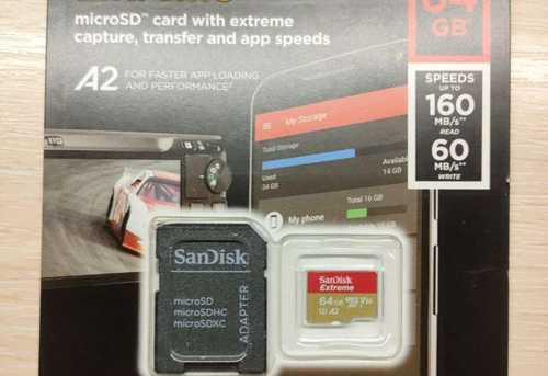 Карта памяти Sandisk Extreme MicroSD 64gb новая