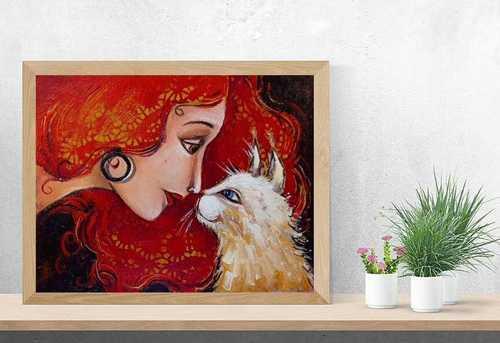Картина с котиком и девушкой на холсте