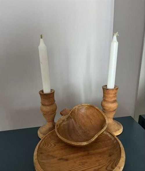 Подсвечник, тарелка деревянные