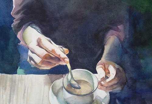 Картина акварелью "Руки с чашечкой на завтрак"