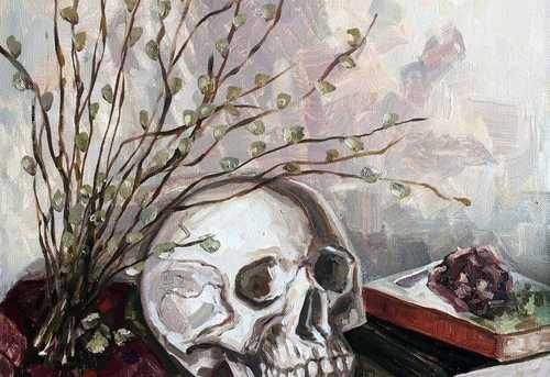 Картина маслом "Череп, цветы и книги" натюрморт