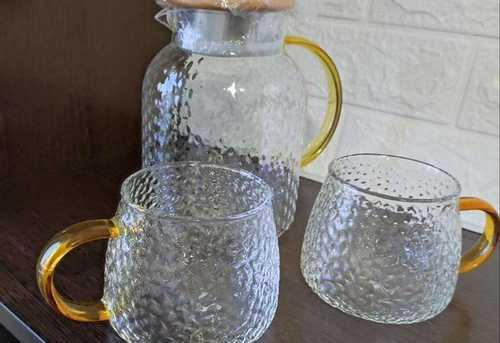 Стеклянный фактурный чайник-кувшин и кружки набор
