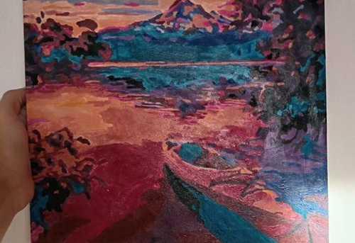 Картина живопись акрилом "Закат в горах"