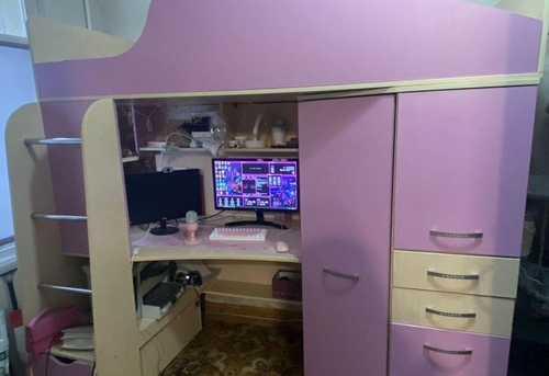 Двухъярусная кровать с шкафом и столом розовая