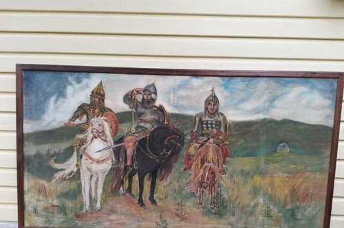 Картина маслом на холсте старинная "Три богатыря"