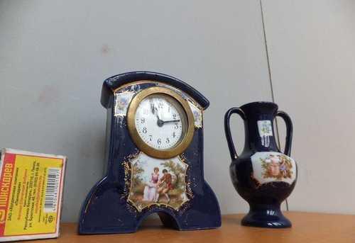 Старинные Настольные Фарфоровые часы И вазочка