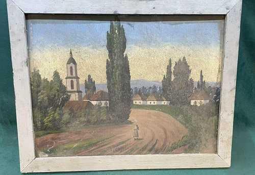 Старинная картина. Пейзаж, церковь
