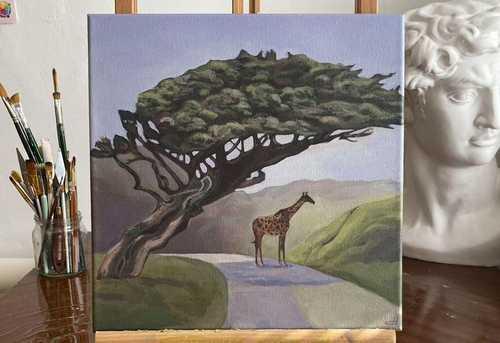 Картина акрилом на холсте 30*30, Жираф, Дерево