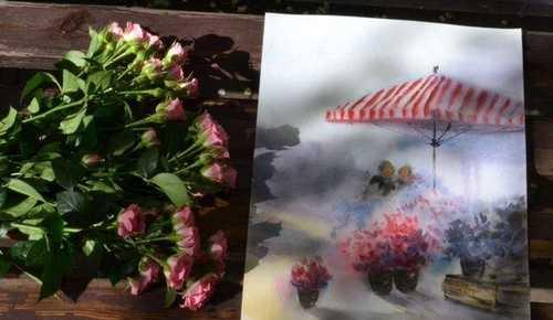 Картина акварель цветы кафе Париж