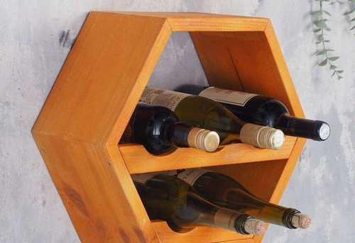 Полка деревянная под 5 бутылок и бокалы