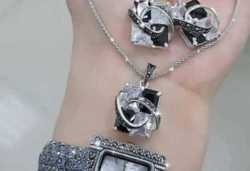 Серебро 925 комплект браслет часы серьги кулон