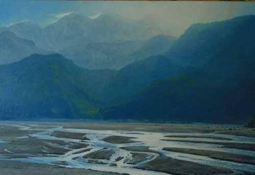 Картина маслом на холсте «Река и горы»