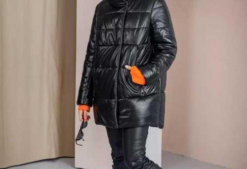 Женский кожаный пуховик пальто зима