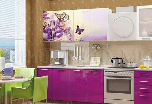 Кухня с фотопечатью Весна Белый глянец/фиолетовый